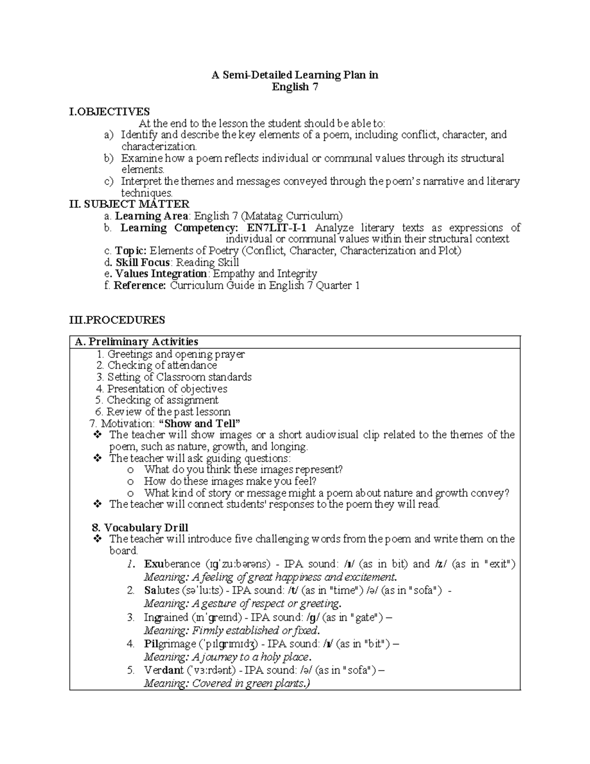 Lesson Plan 1 W1 - Semi-Detailed Learning Plan for English 7 Q1 - Studocu