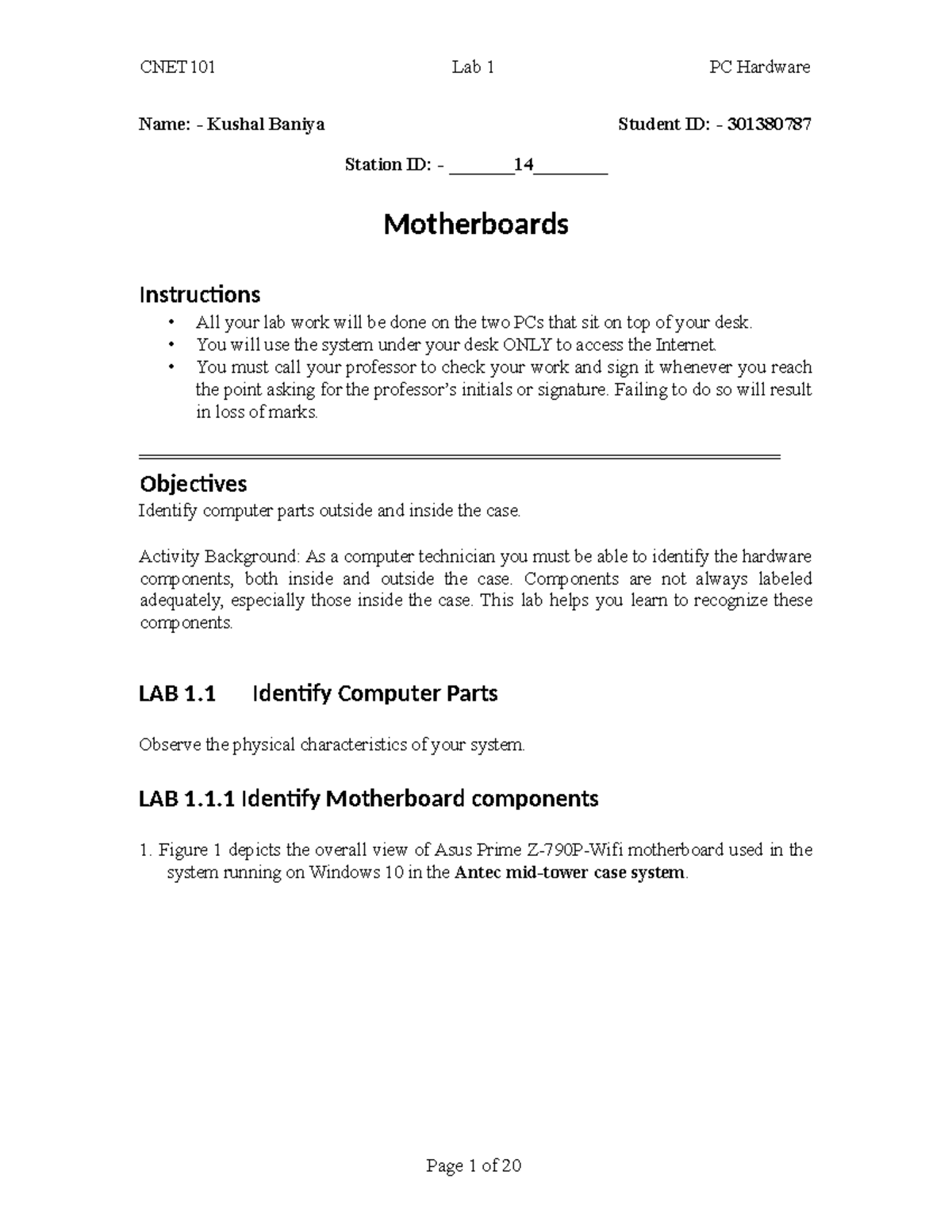 CNET101 Lab 1: Identifying PC Hardware Components and Motherboards ...