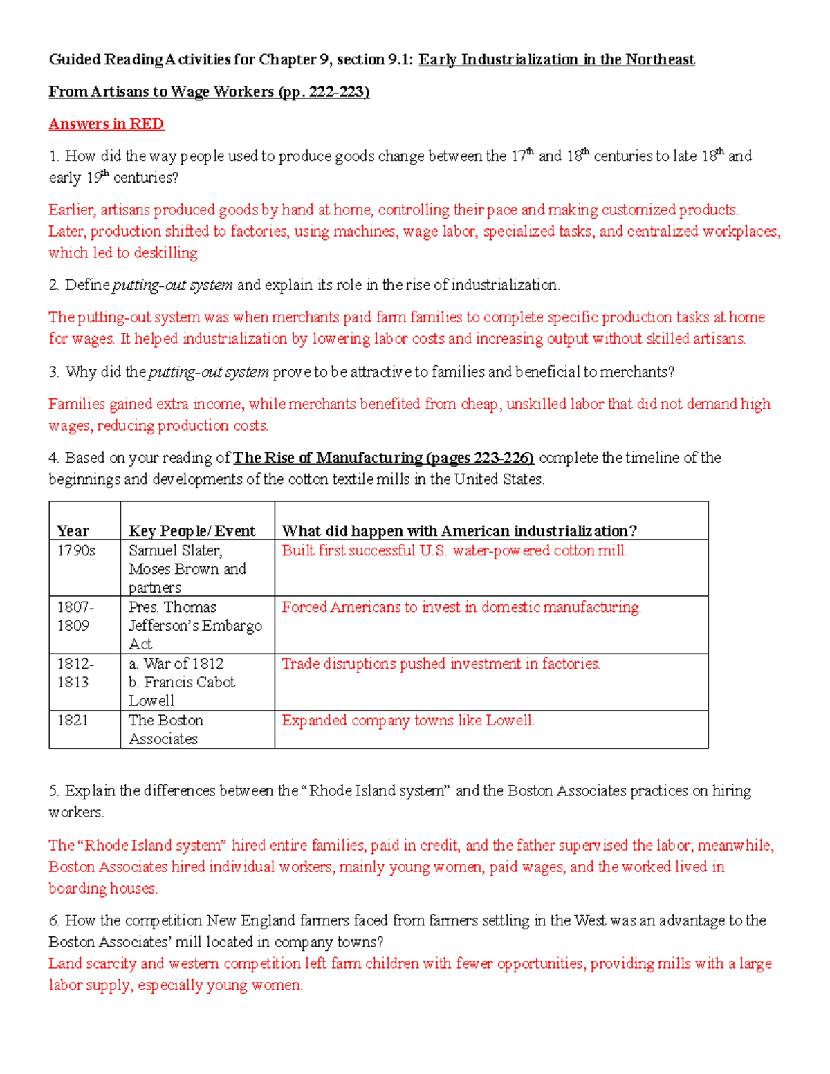 Guided Reading Activities for Chapter 9: Early Industrialization in the ...