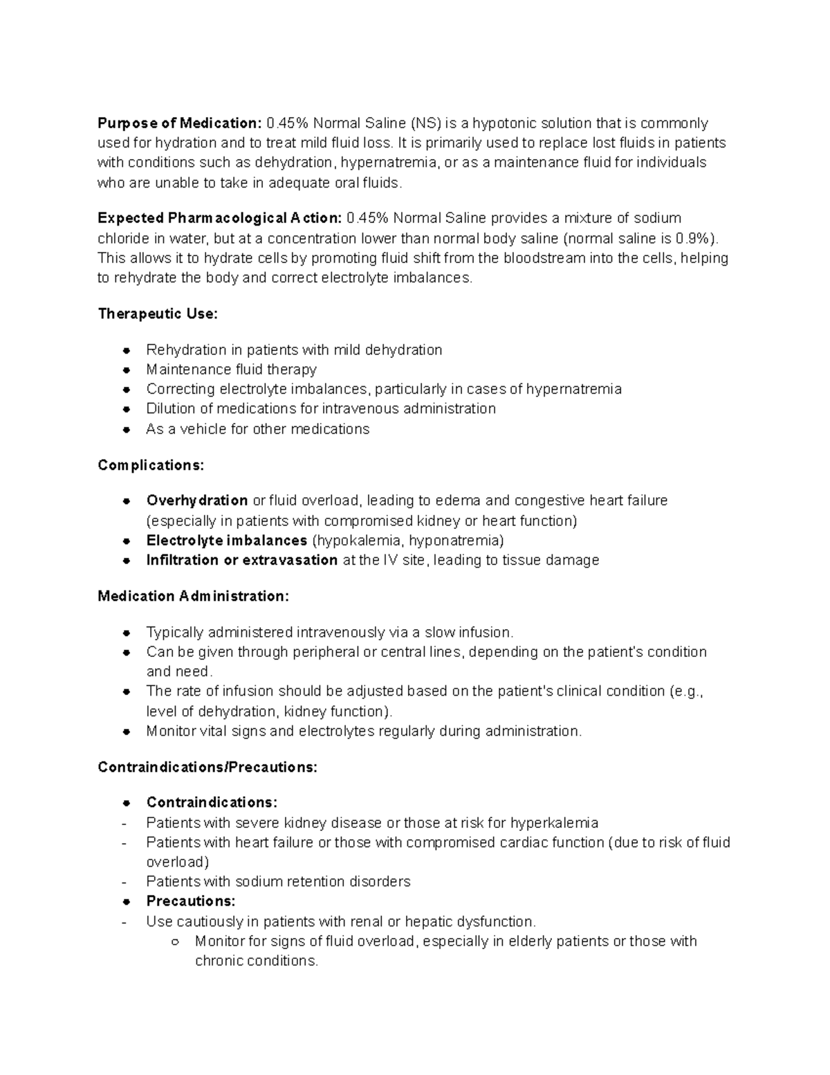 0.45% Normal Saline: Purpose, Use, and Administration Med Cards - Studocu