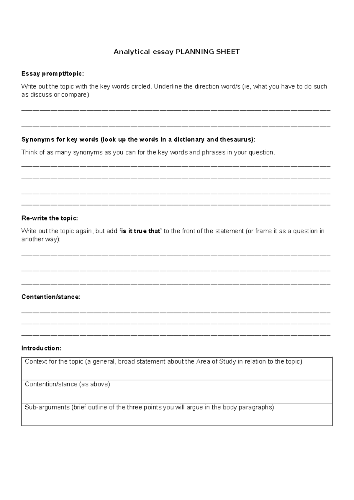 Analytical Essay Planning Sheet for Lang Course: Key Elements ...