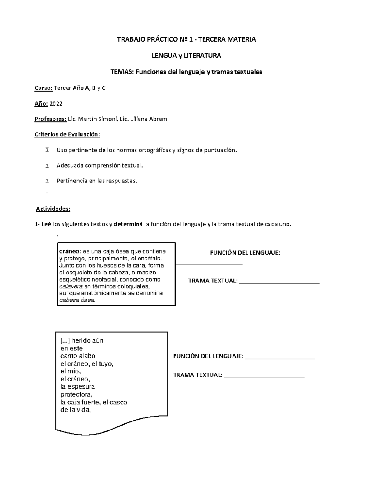 TRABAJO PRÁCTICO Nº 1: Funciones del Lenguaje y Tramas Textuales - 3ER ...