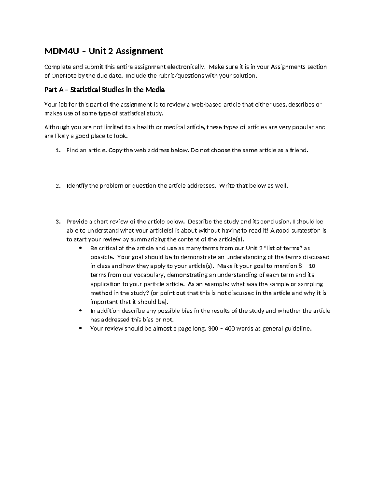 MDM4U Unit 2 Assignment: Analyzing Statistical Studies in Media - Studocu