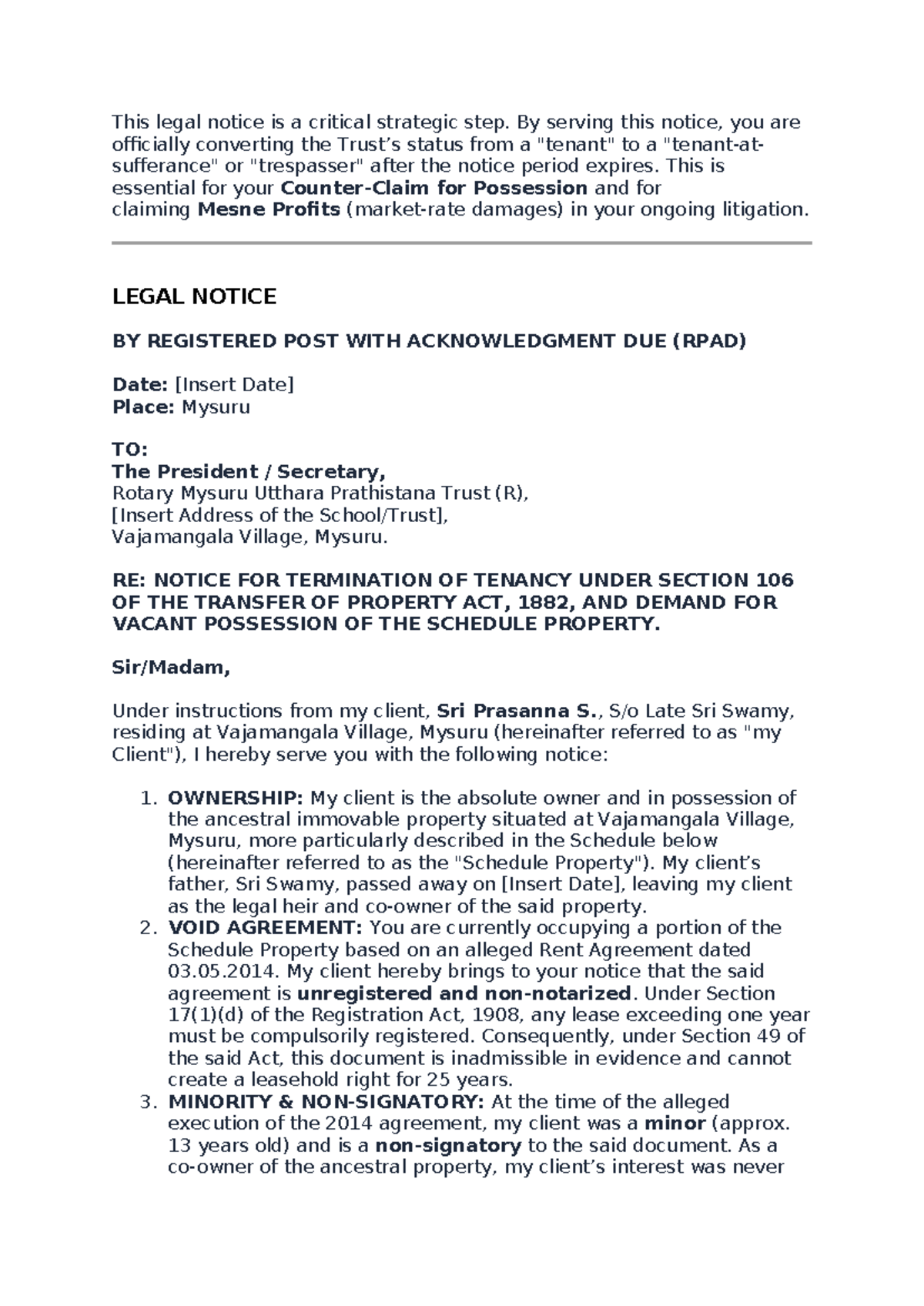 Legal Notice for Termination of Tenancy - Section 106 TPA - Studocu