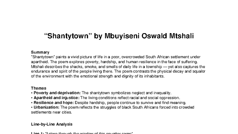 ENG 201: Shantytown Poem Analysis - Life Under Apartheid - Studocu
