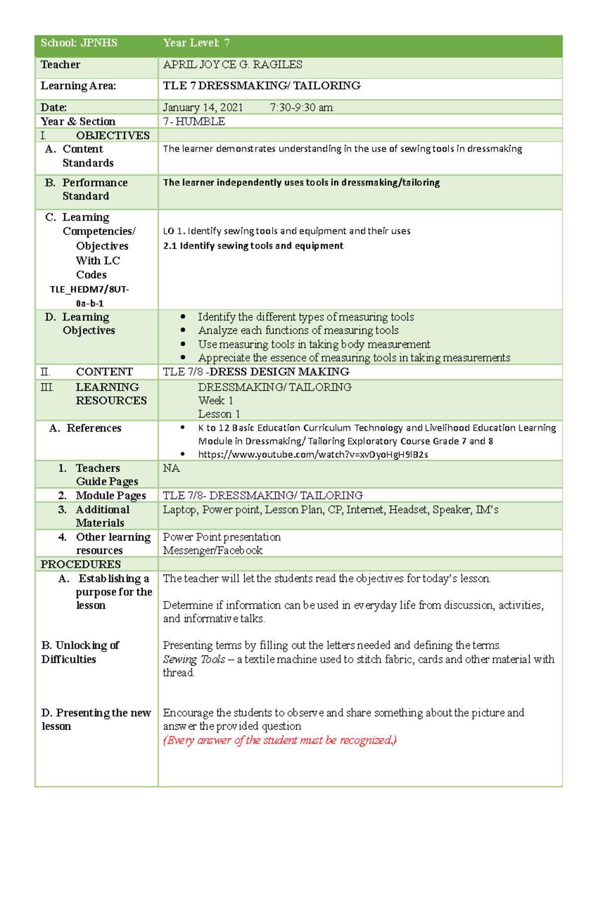 New Sle Of Lesson Plan - Infoupdate.org