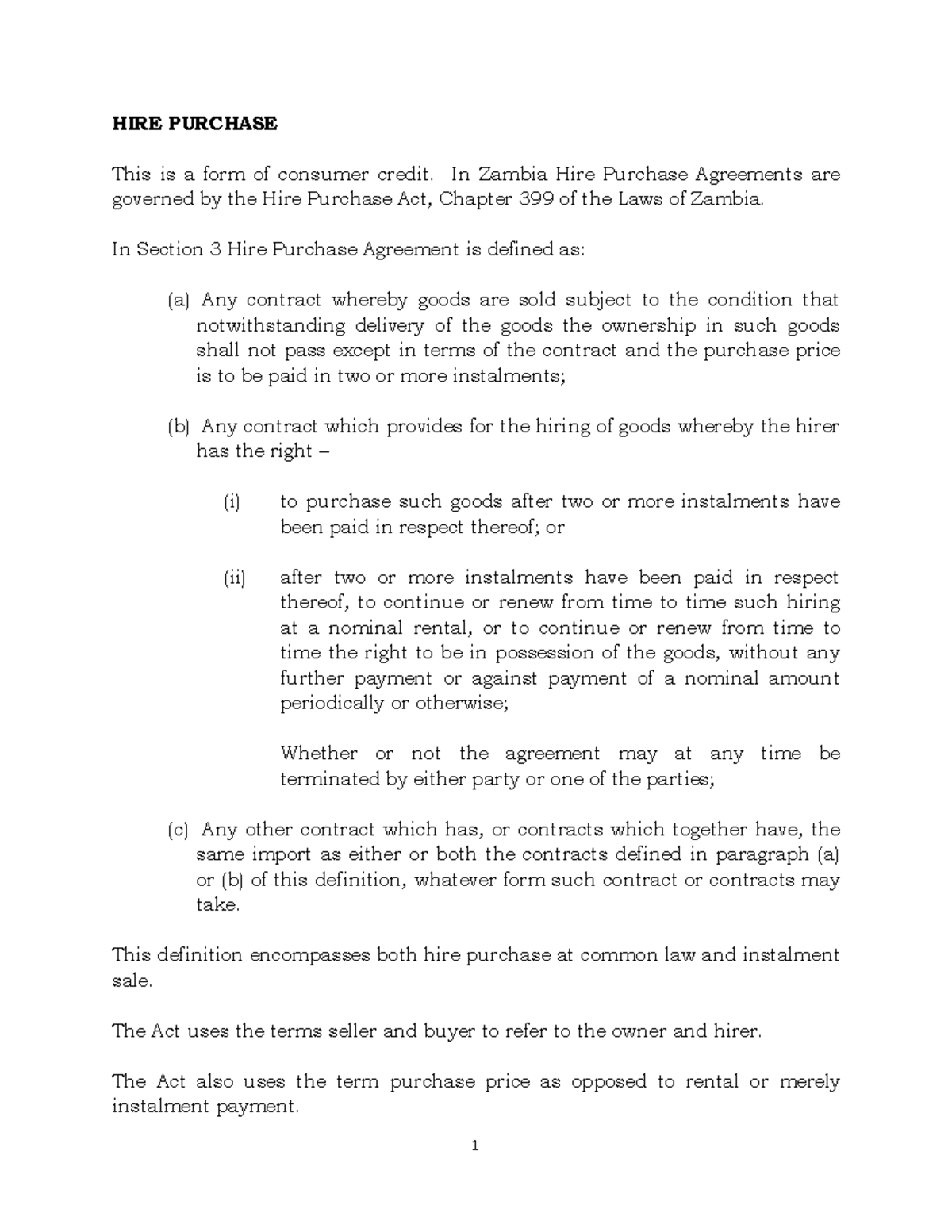HIRE Purchase - Comprehensive Study Notes on Agreements and Law - Studocu