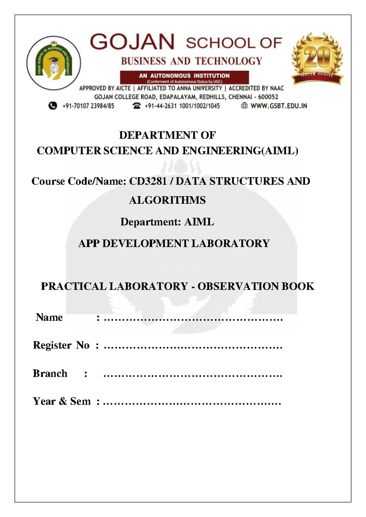 CD3281 - Data Structures and Algorithms Lab Observation Book - Studocu
