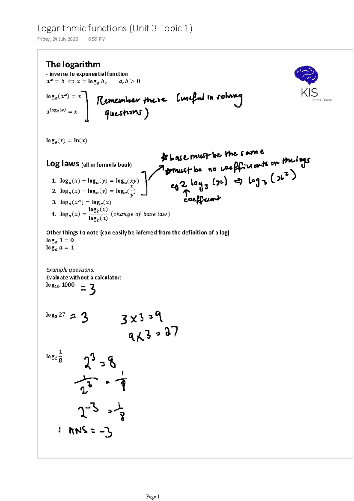 Logarithmic Functions: Unit 3 Topic 1 Study Notes - Studocu