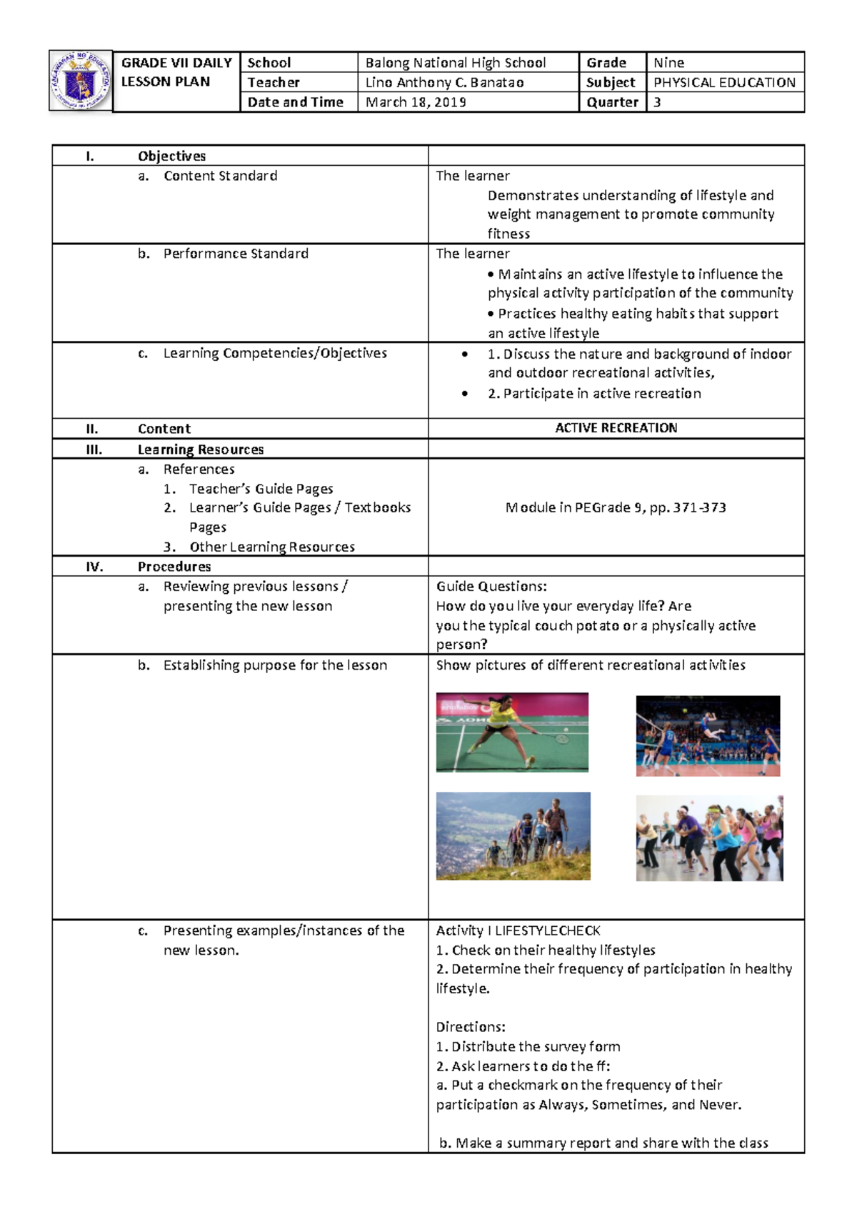 GRADE IX PHYSICAL EDUCATION DAILY LESSON PLAN - Q3 - Studocu