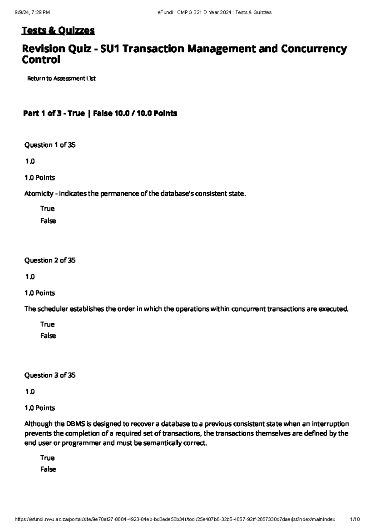 CMPG 321 - Revision Quiz: SU1 Transaction Management & Concurrency Review - Studocu