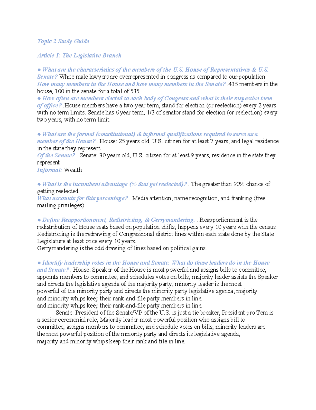 Congress and the Executive: Study Guide on Legislative Branch (POL 101 ...
