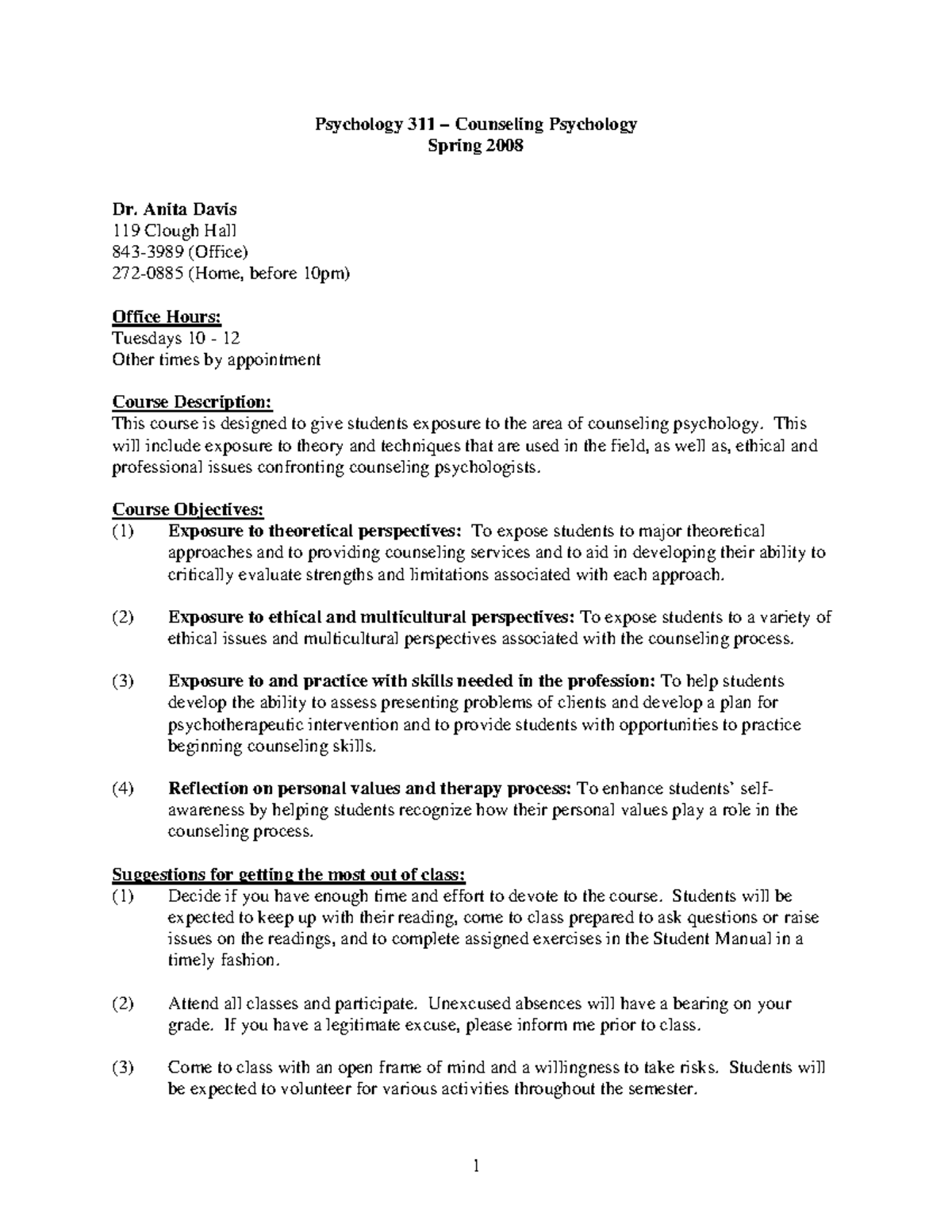 2008 sp PSYC 311-01 28501 - Psychology 311 – Counseling Psychology ...