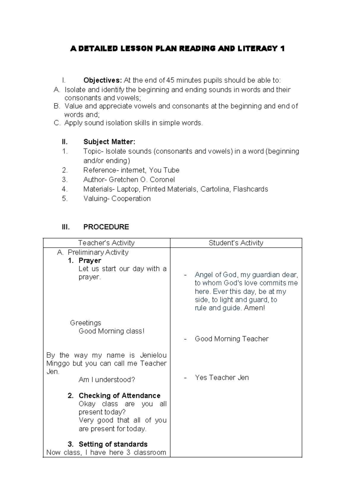 Detailed Lesson Plan for Grade 1 Reading & Literacy - Final Exam - Studocu