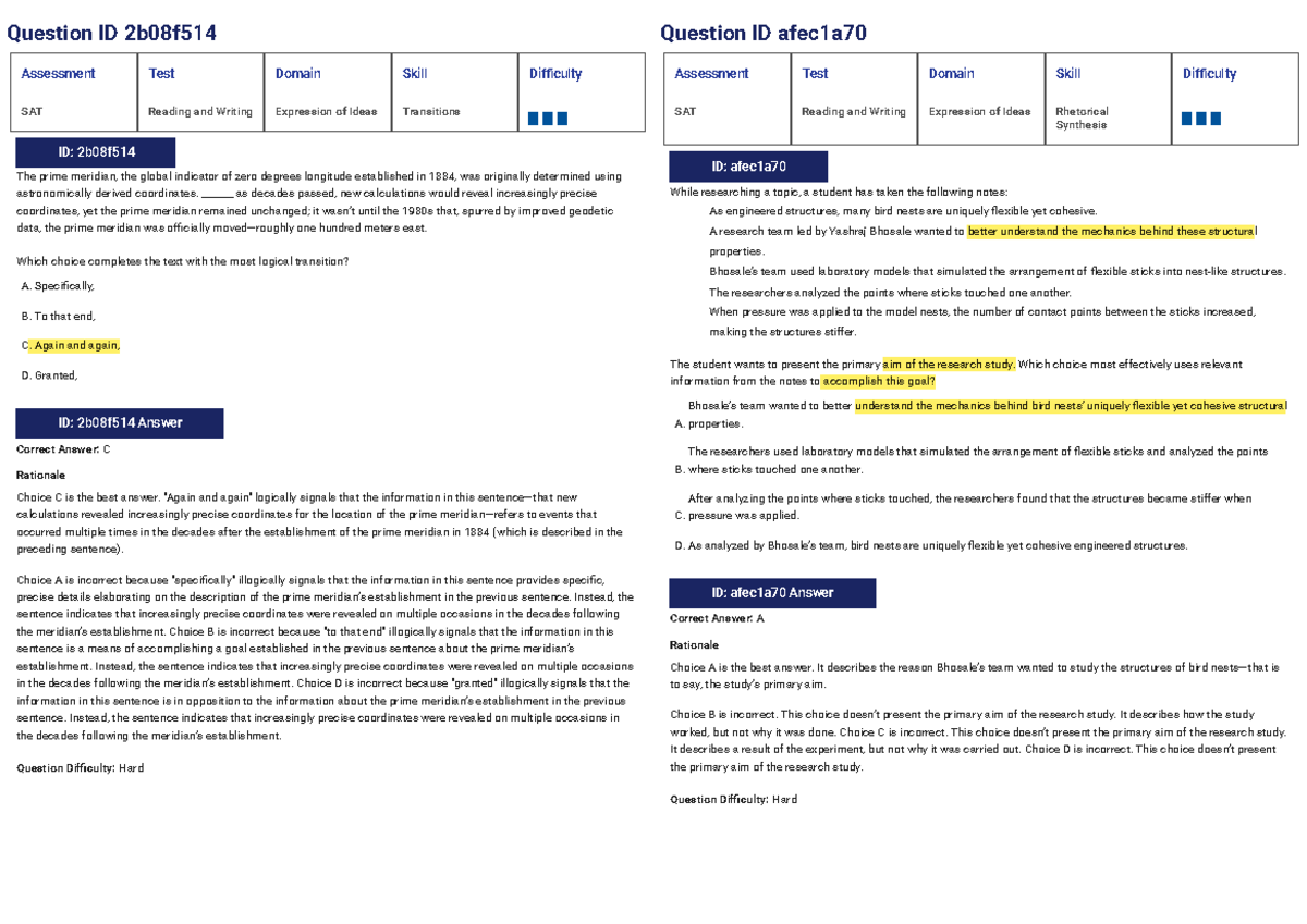 SAT Reading and Writing Expression of Ideas Assessment Test Notes - Studocu