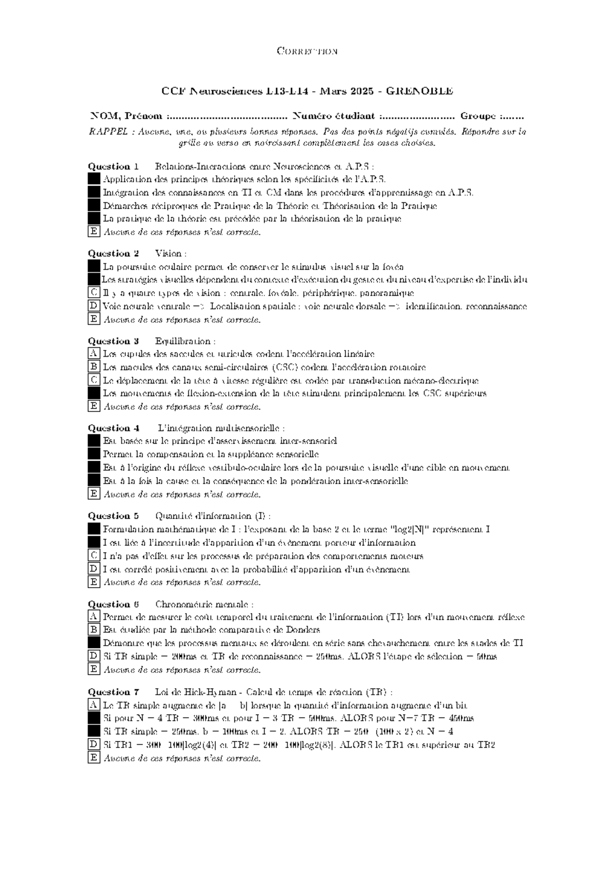 Correction CCF Neurosciences L1 S2 Mars 2025 - Examen Final - Studocu