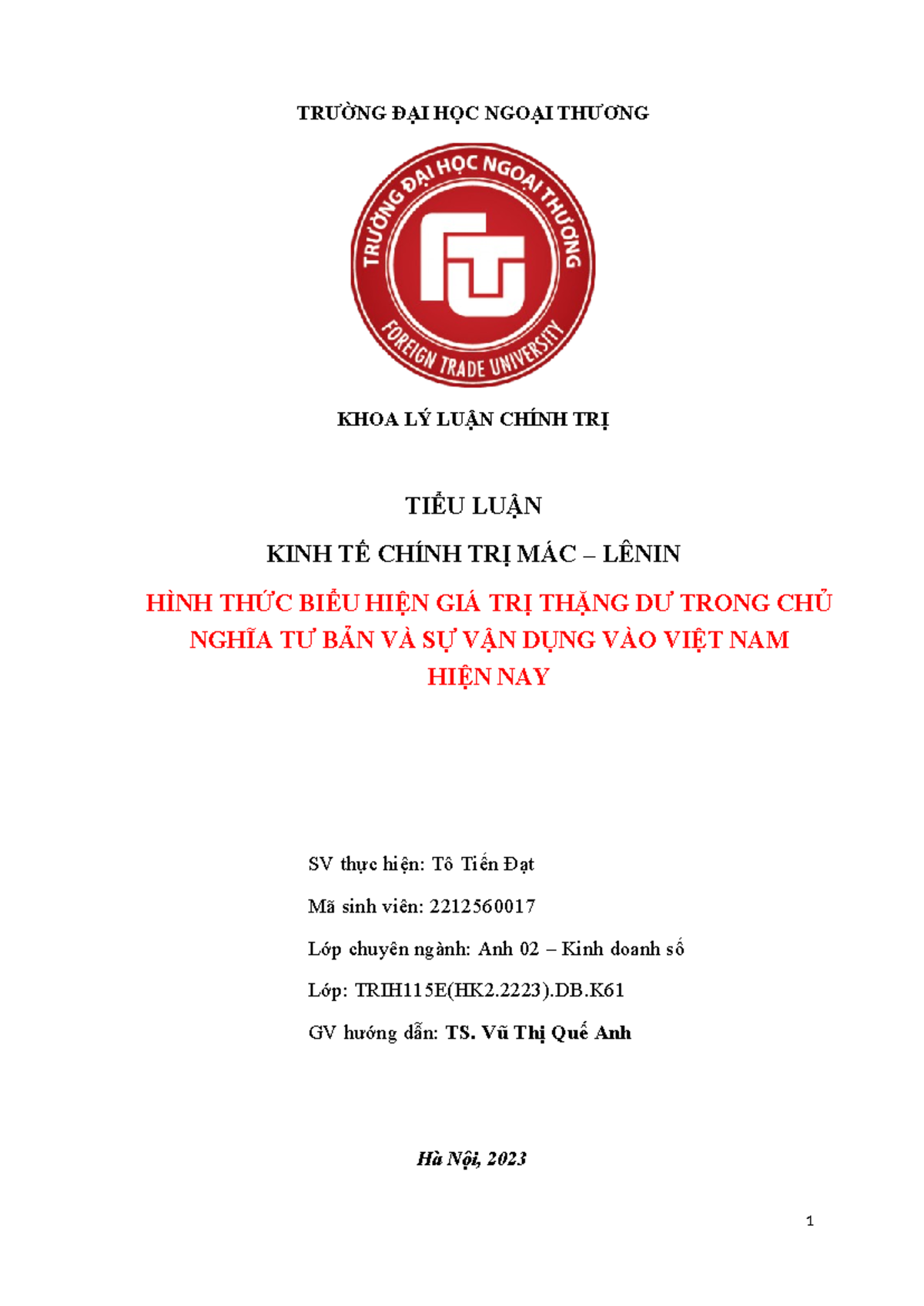 KTCT - KTCT - TRƯỜNG ĐẠI HỌC NGOẠI THƯƠNG KHOA LÝ LUẬN CHÍNH TRỊ TIỂU ...