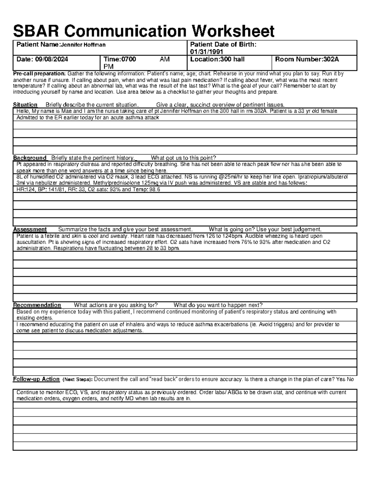 Filled SBAR form copy - Course work - SBAR Communication Worksheet ...
