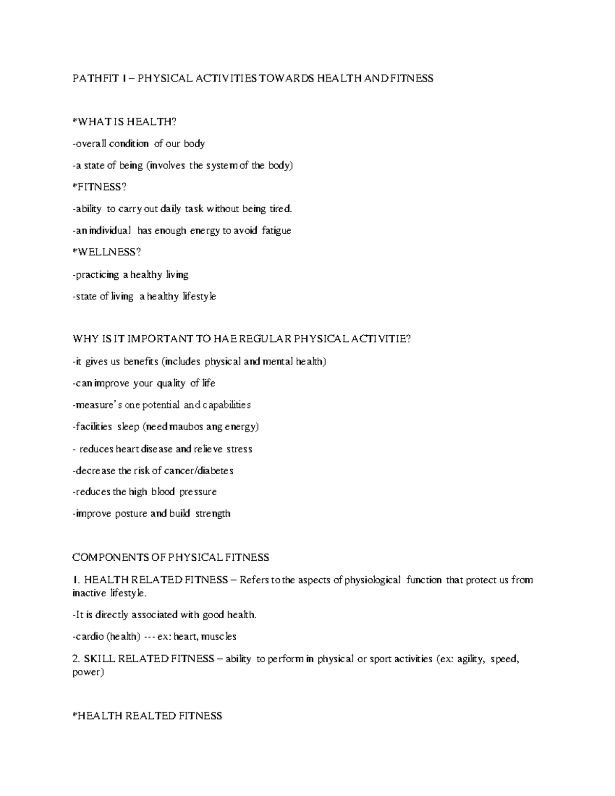Pathfit 1 - Lecture notes 1 - PATHFIT 1 – PHYSICAL ACTIVITIES TOWARDS ...