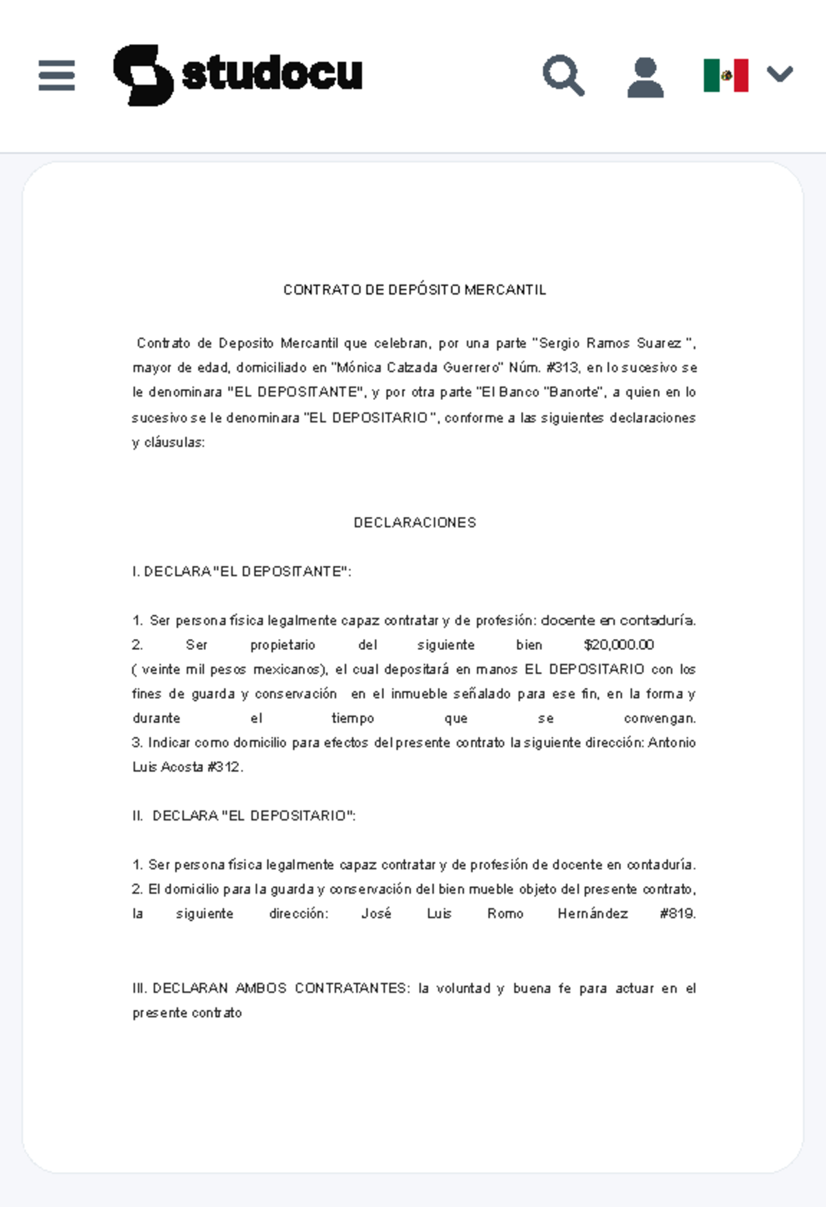 Contrato de Depósito Mercantil entre Sergio Ramos y Banorte - Studocu