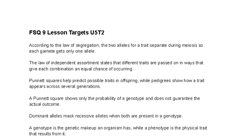 FSQ 9 Lesson Targets: Genetics, Alleles, and Punnett Squares - Studocu