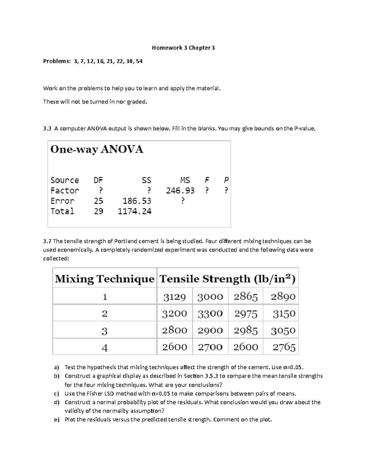Homework 3: Problems & Analysis from Chapter 3 on ANOVA - Studocu