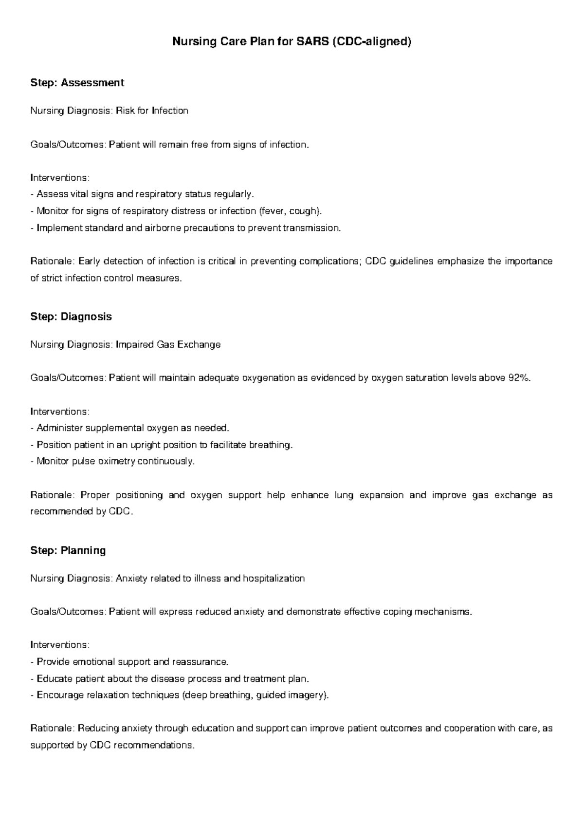 Nursing Care Plan for SARS: Assessment, Diagnosis, and Interventions ...