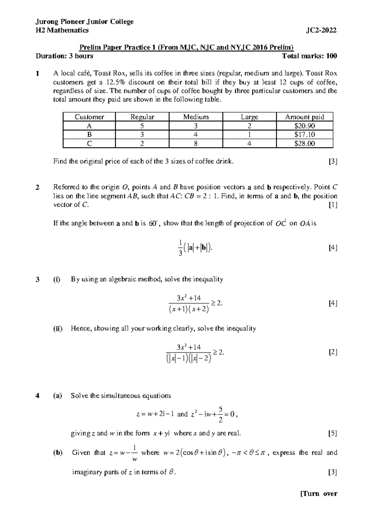 2022 JC2 H2 Maths Prelim Paper Practice 1 (MJC, NJC, NYJC) - Studocu