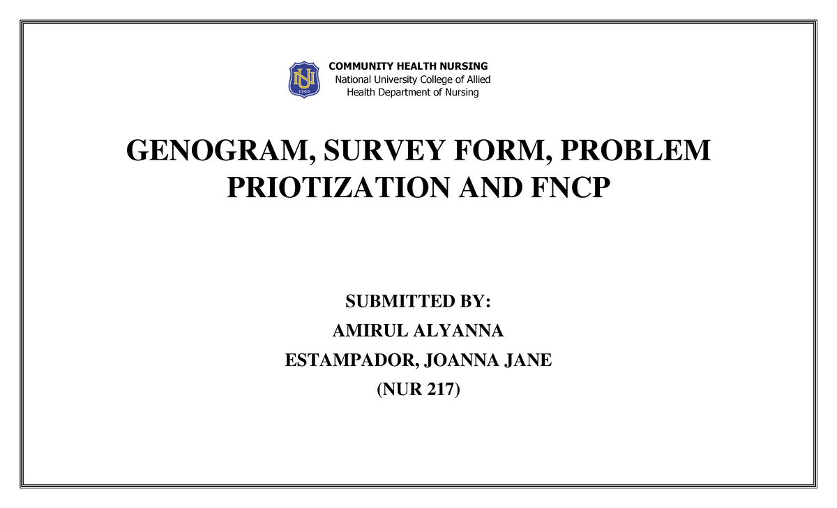 NUR 217 - Genogram, Survey Form, Problem Prioritization & FNCP - Studocu