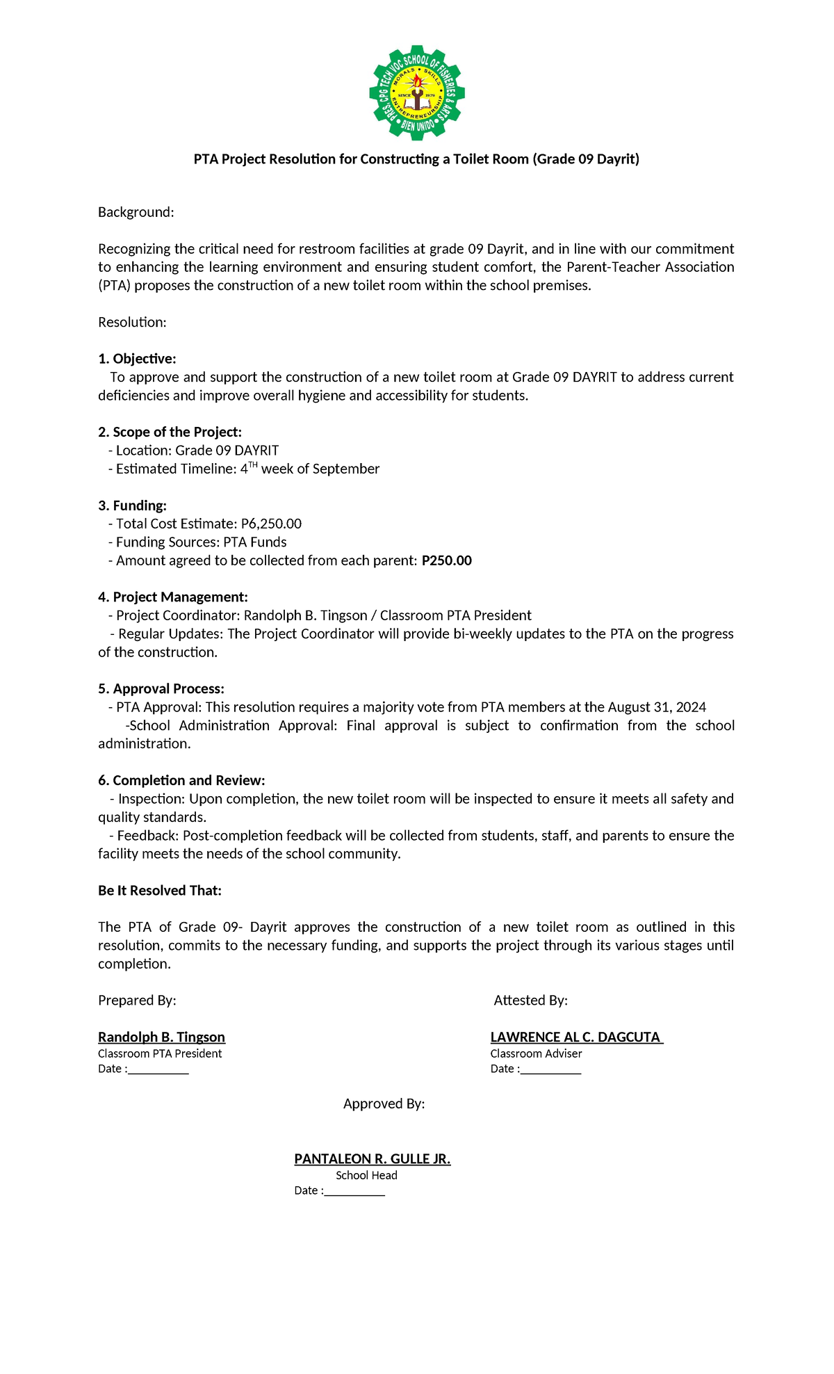 PTA Resolution for Grade 09 DAYRIT Toilet Room Construction - Studocu