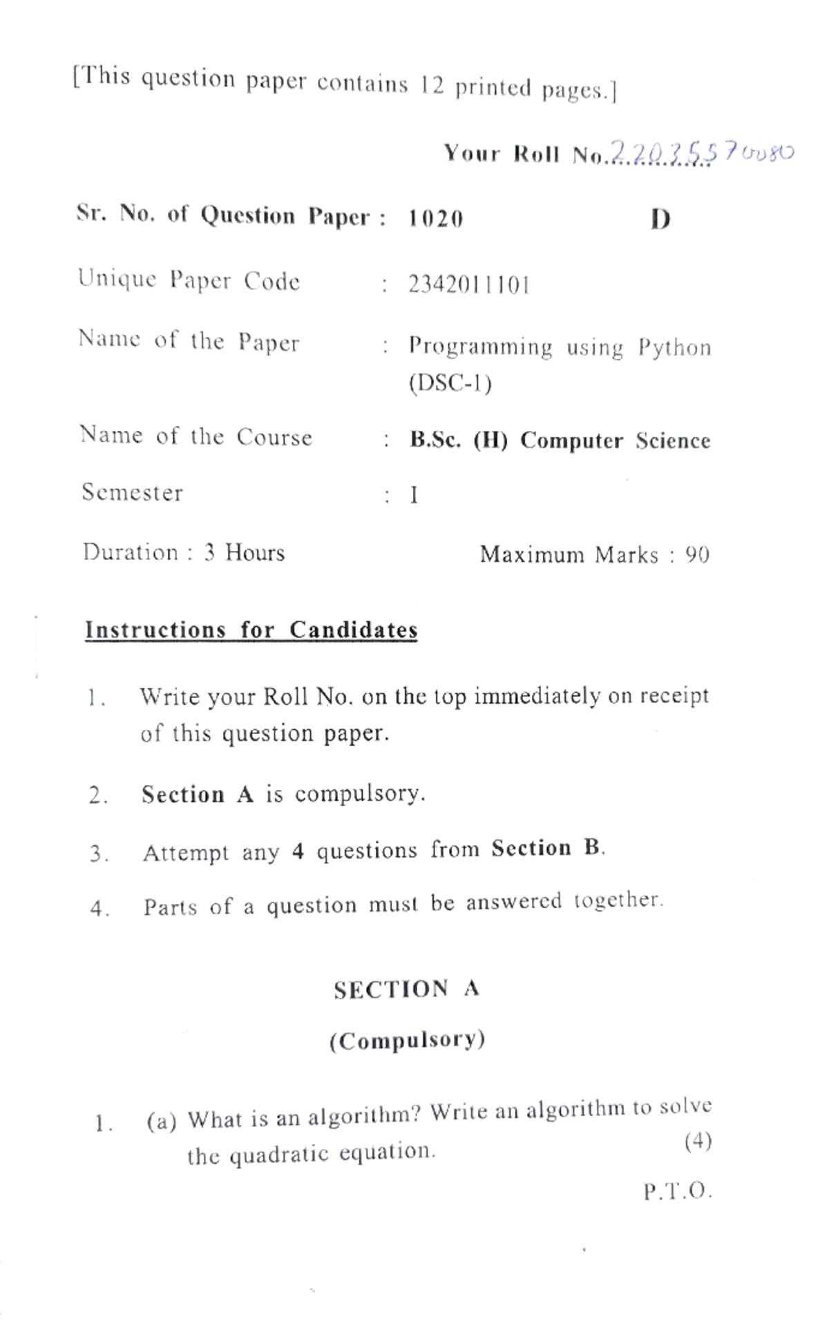 Question paper Python - need all answers - [This question paper cont ...