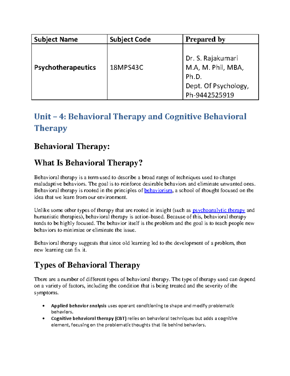 Behavior Therapy Study Guide - Psychotherapeutics 18MPS43C - Studocu