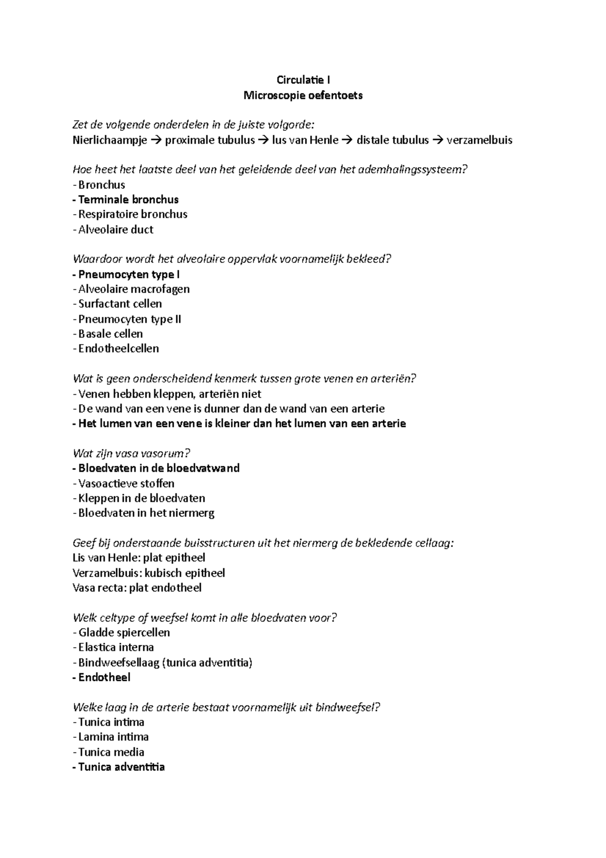 Oefentoets Circulatie I: Microscopie en Bloedvaten Functies - Studeersnel