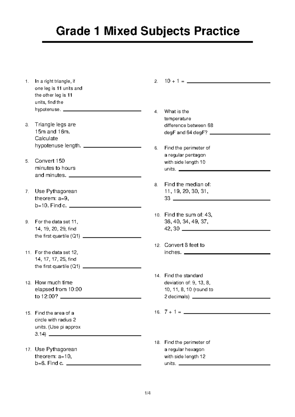 Grade 1 Mixed Subjects Practice 1.3.5 - Math & Science Problems - Studocu