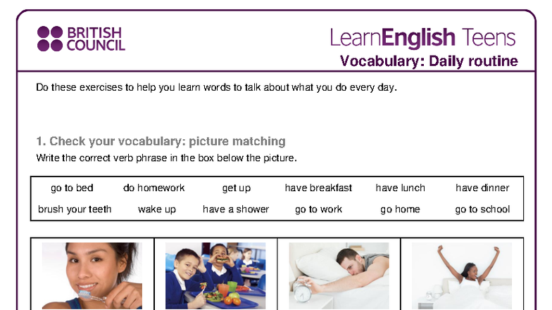 Vocabulary: Daily Routine Exercises for Daily Activities - Studocu