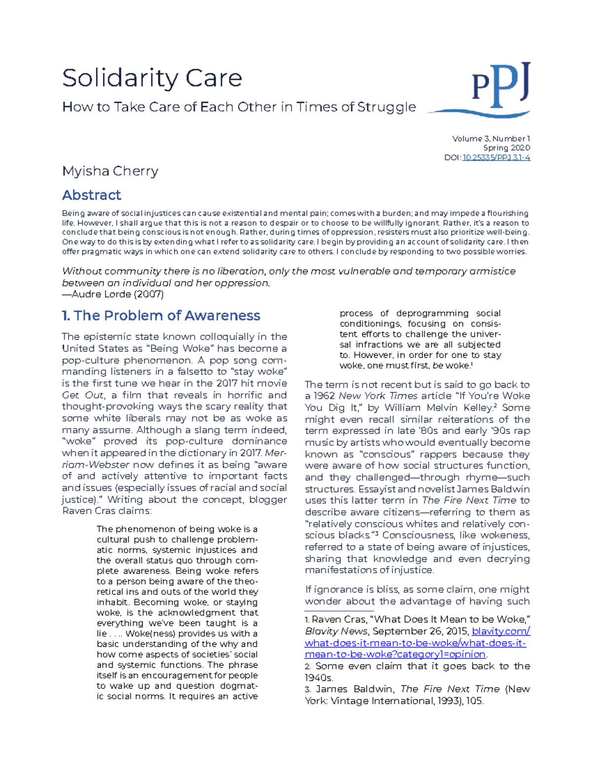 Solidarity Care: Promoting Well-Being in Times of Struggle (PPJ 3.1) - Volume 3, Number 1 Spring ...