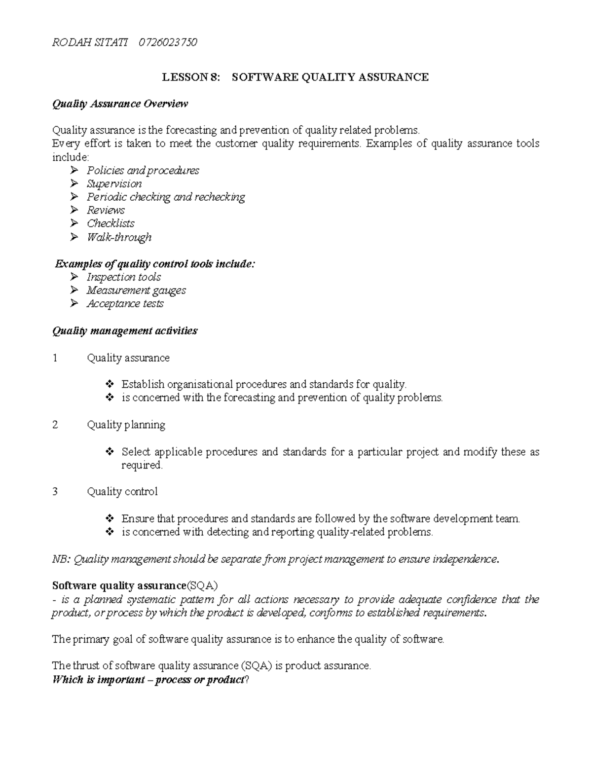 0726023750 LESSON 8 & 9: SOFTWARE QUALITY ASSURANCE & RISK MANAGEMENT - Studocu