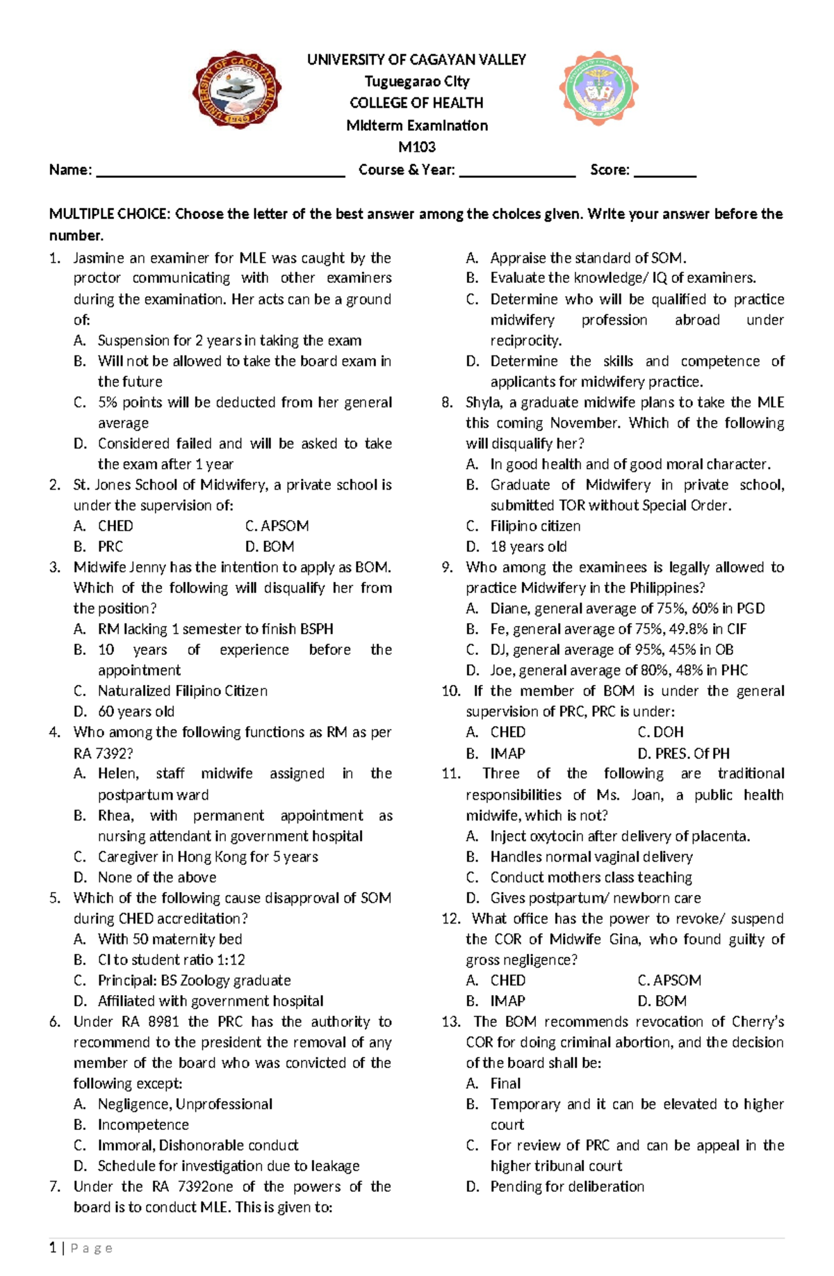Professional growth and development Midterm Examination - UNIVERSITY OF ...