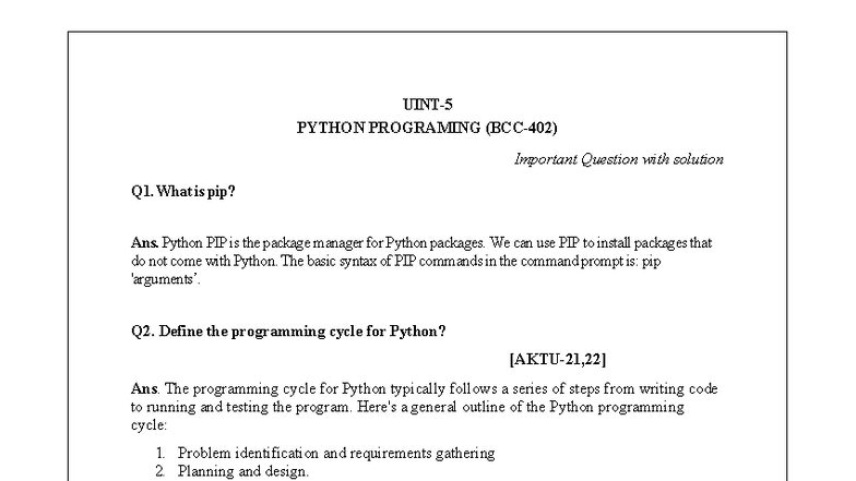 PYTHON PROGRAMMING Unit 5 Important Questions & Solutions - Studocu