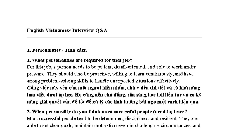 Interview 1: Personalities and Major Subjects Insights (ENG101) - Studocu