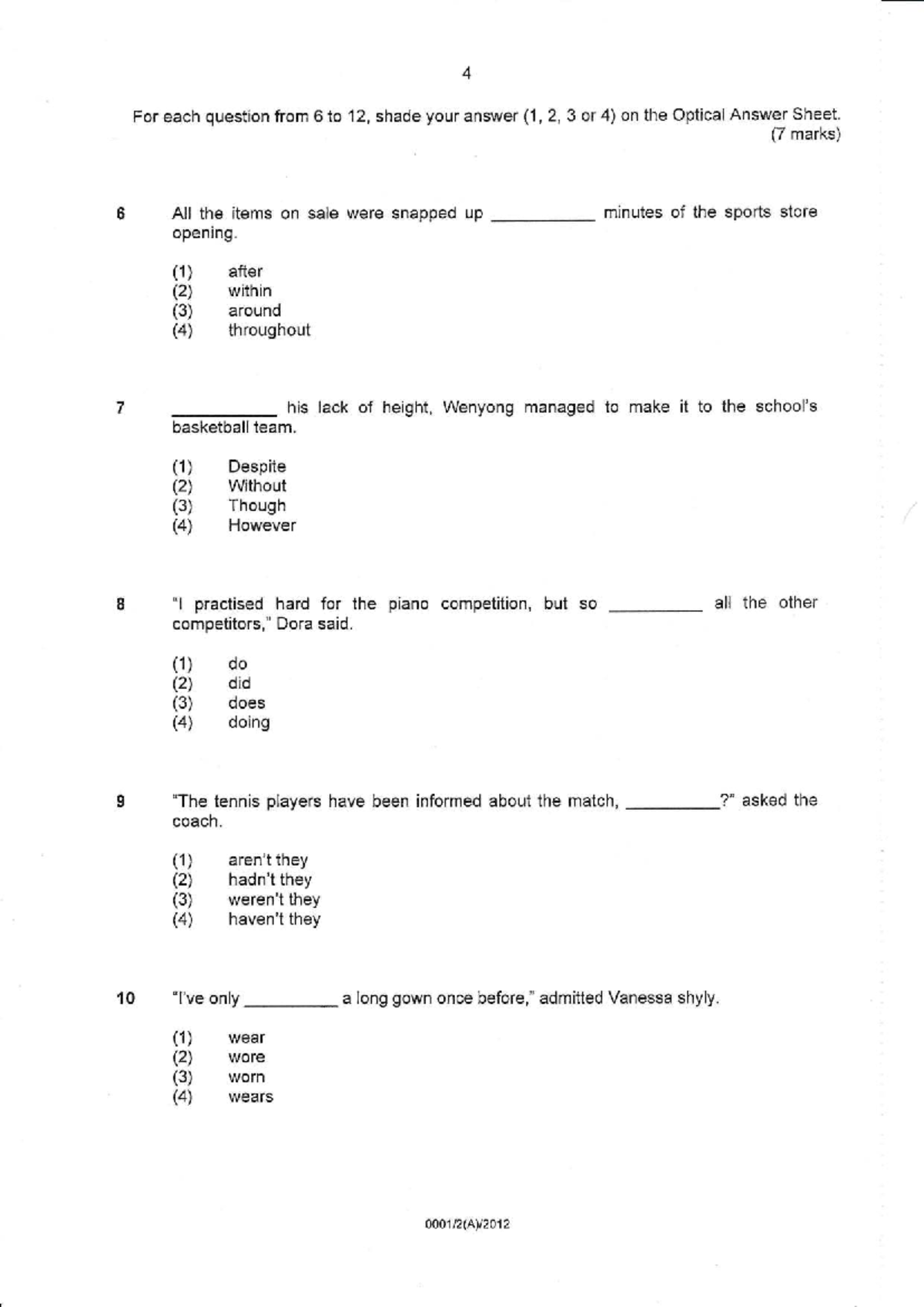 PSLE English Booklet A: Optical Answer Sheet Practice (Questions 6-25 ...