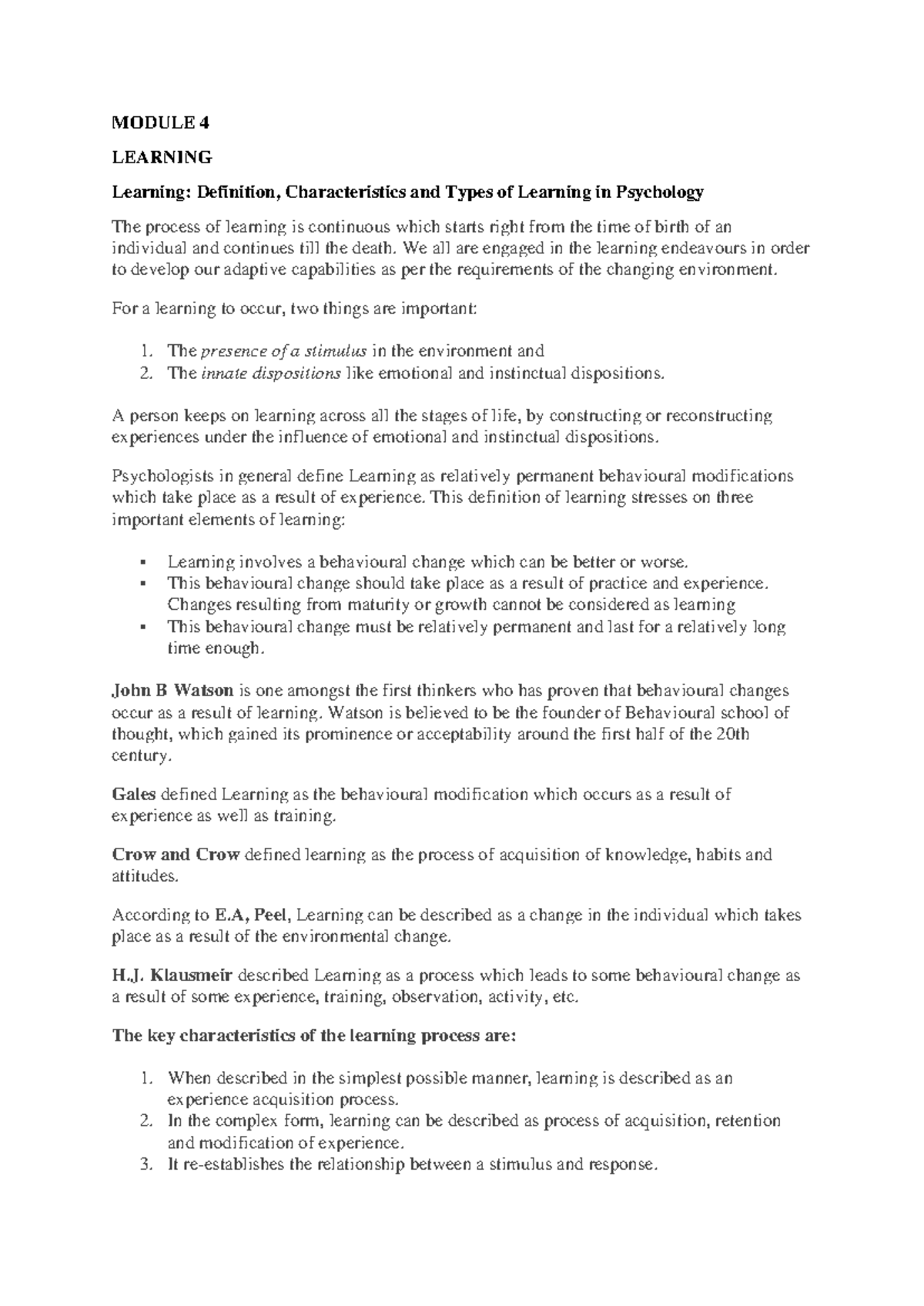Module 4 Learning - Cognitive psychology - MODULE 4 LEARNING Learning ...