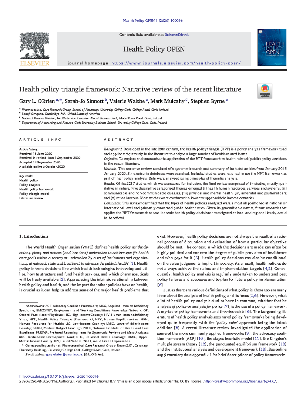 Health Policy Triangle Framework: Literature Review (HPT 2020) - Studocu