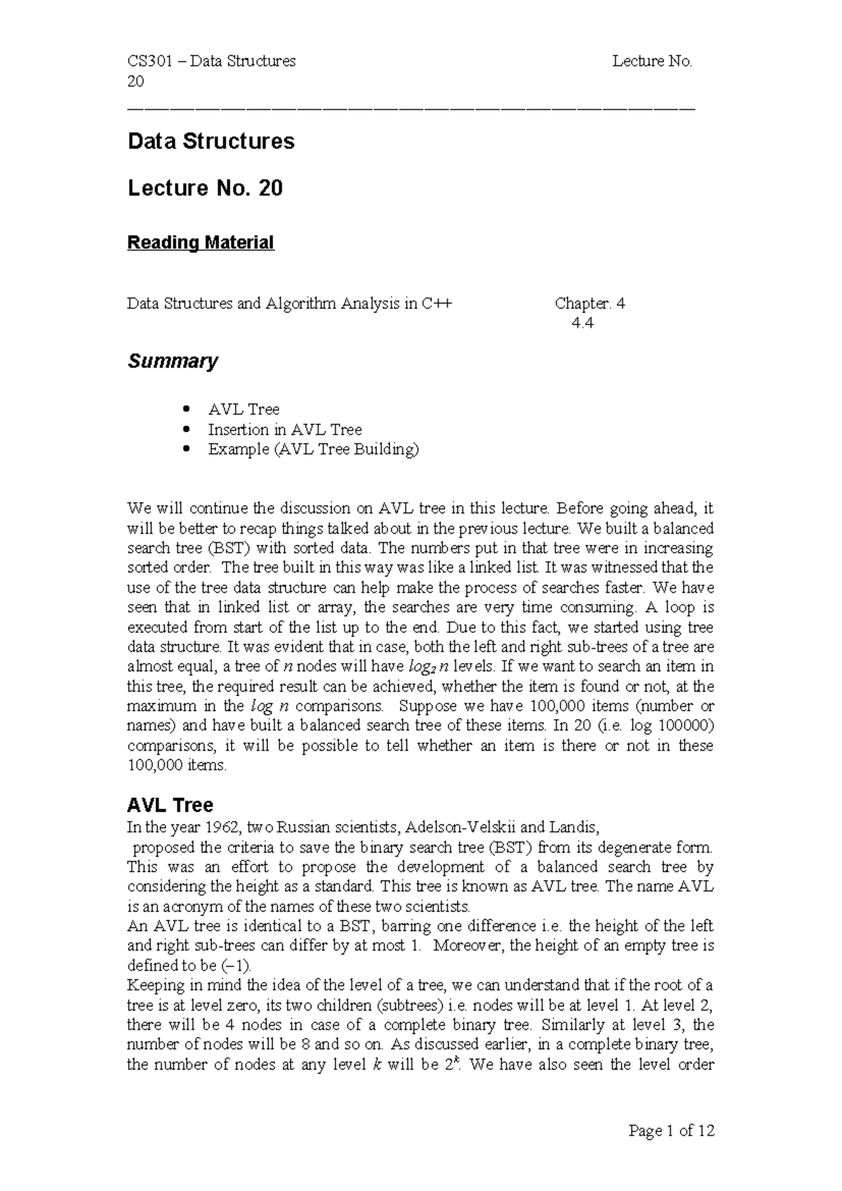 CS301 Data Structures Lecture 20: AVL Tree Insertion and Balancing - Studocu