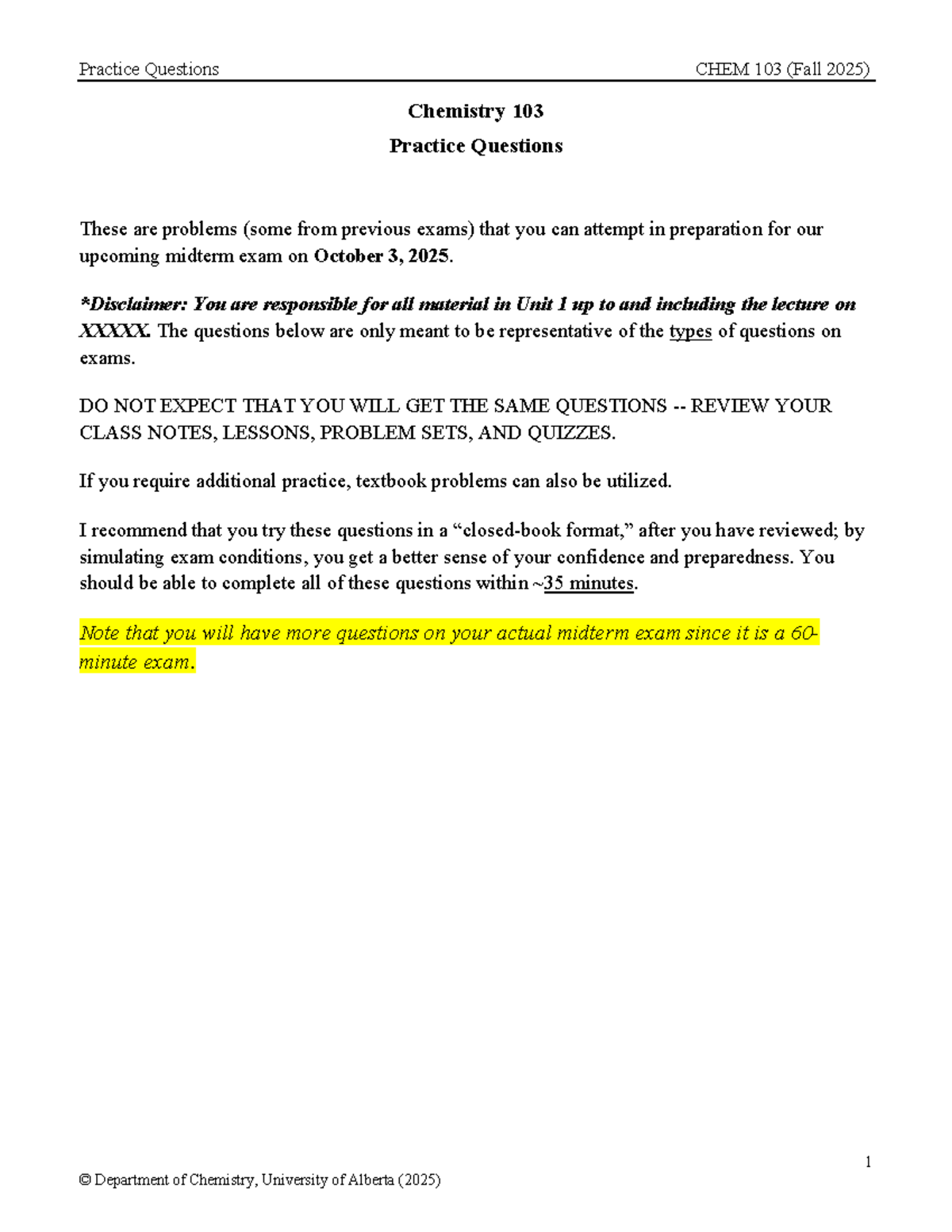 Practice Questions for CHEM 103 Midterm Exam (Fall 2025) - Studocu