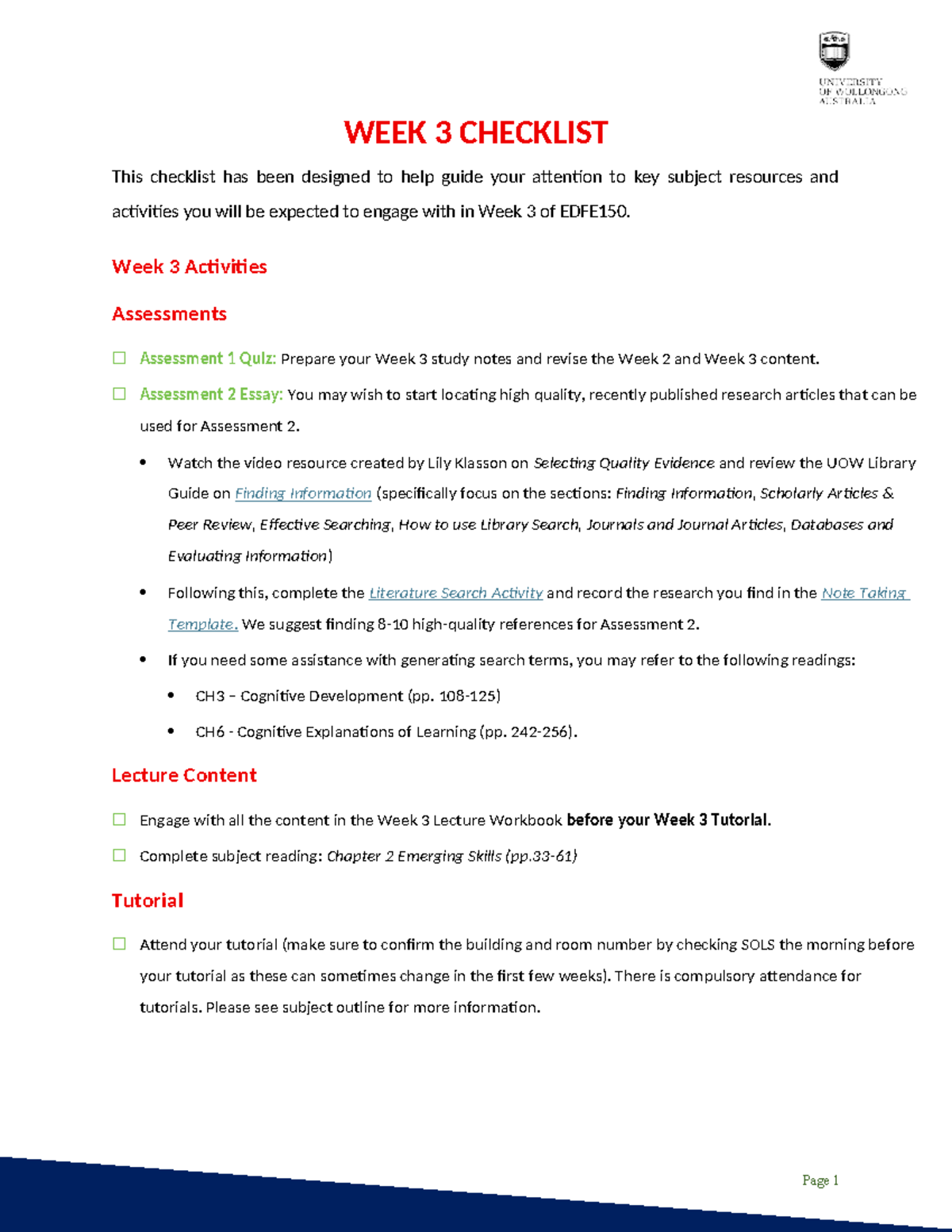 EDFE150 Week 3 Checklist: Activities & Assessments Guide - Studocu