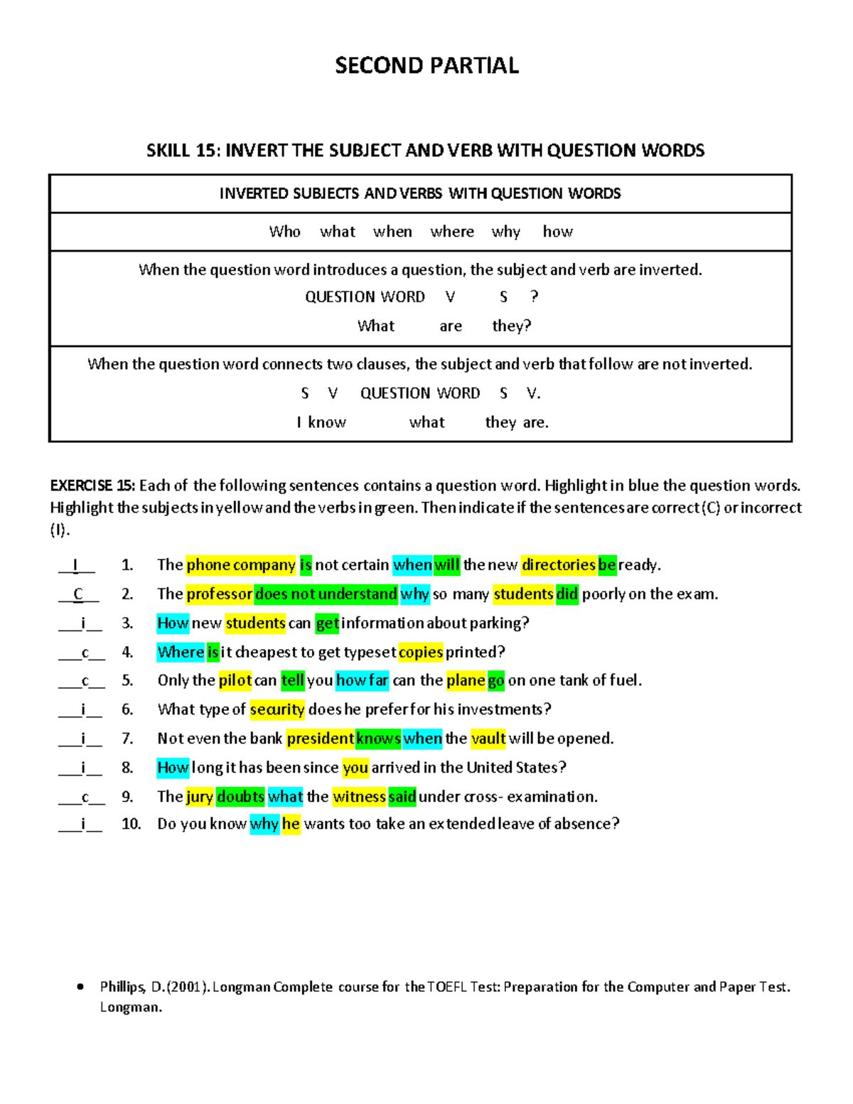 SKILL 15: Inversion of Subject and Verb with Question Words - Studocu