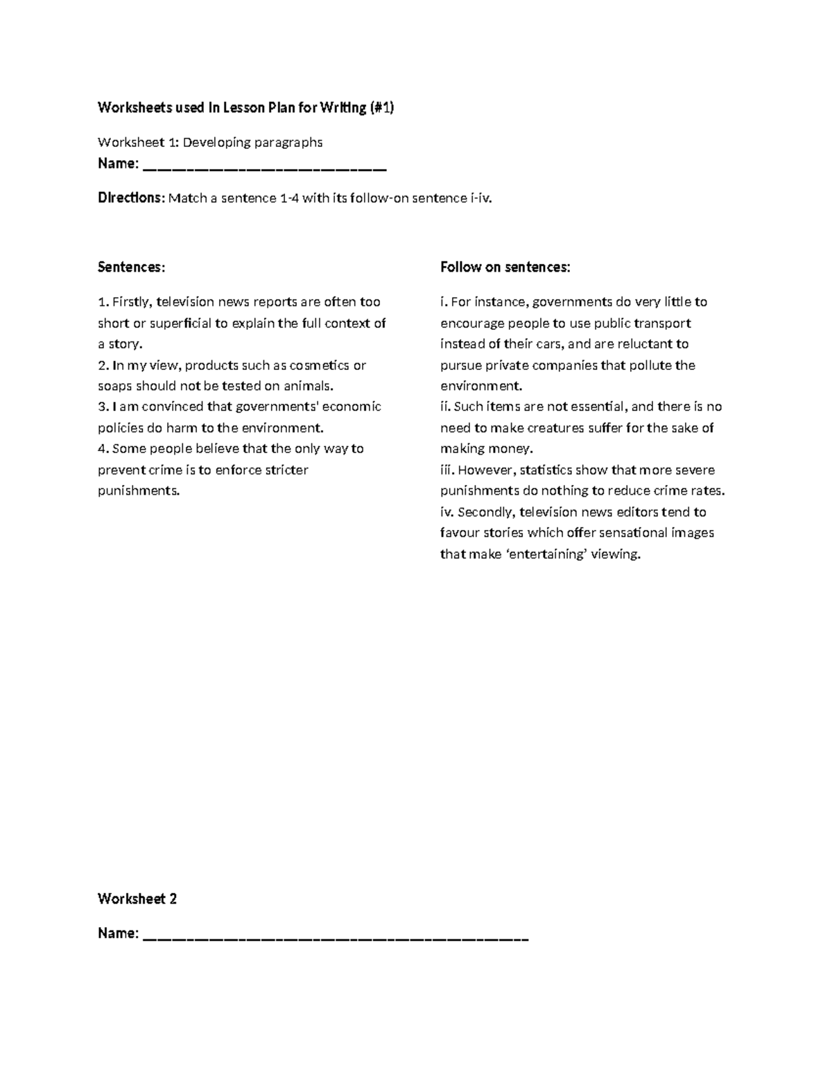 Worksheets for Writing: Lesson Plan on Developing Paragraphs - Studocu