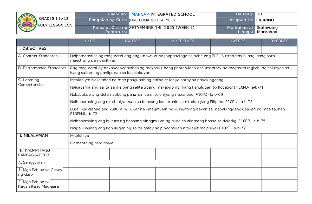 Filipino 10 Daily Lesson Log: Week 1 (Q2) - Setyembre 2025 - Studocu