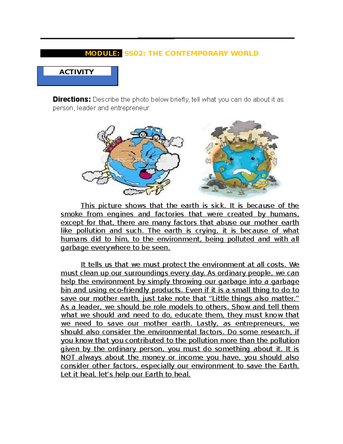 SS02 Activity: Understanding Environmental Responsibility and Action - Studocu